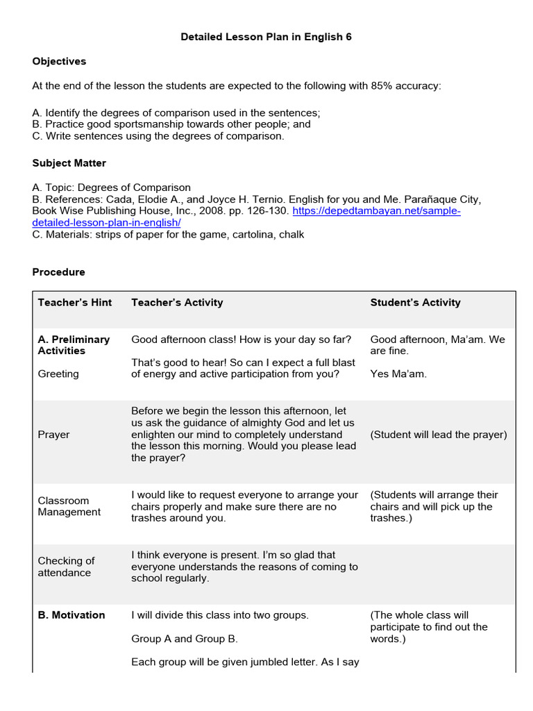 Detailed Lesson Plan in English 6 Sample | PDF | Adjective | Word