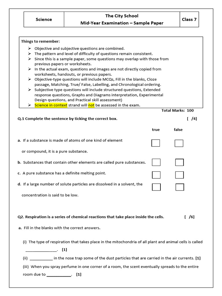 Science Sample Paper Grade 7 Sample Paper (Question Paper) | PDF ...