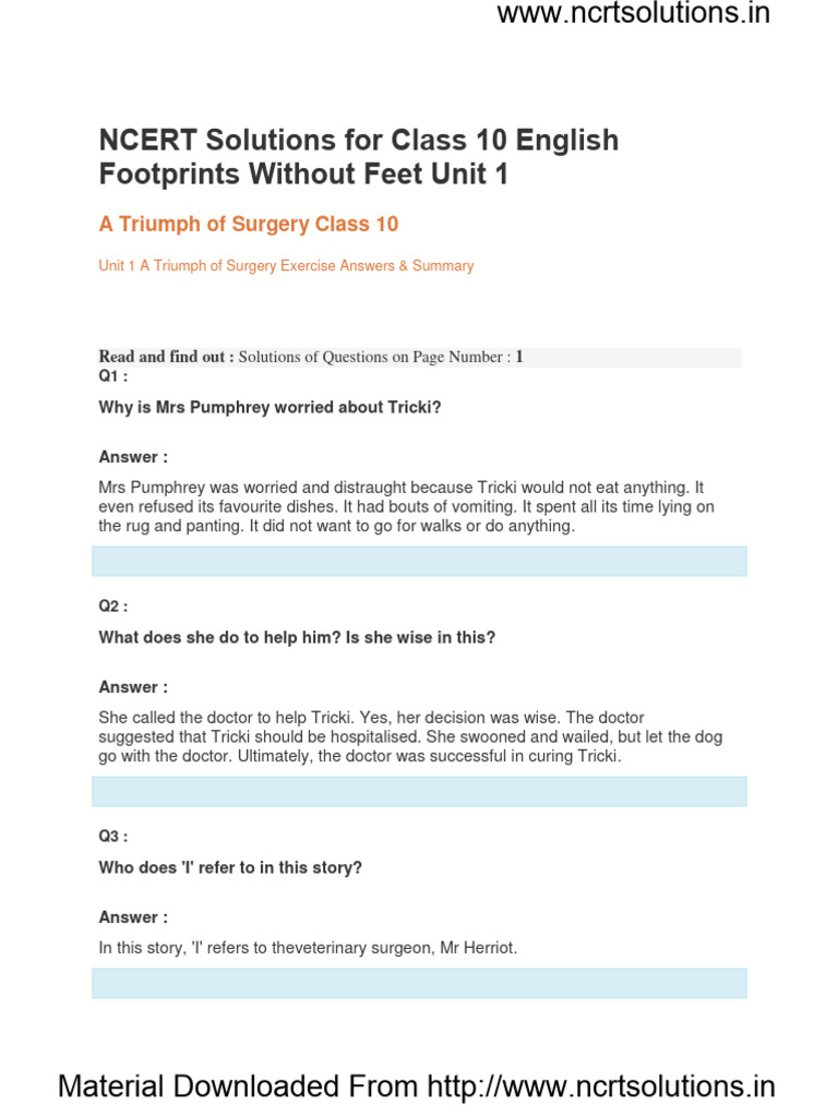 NCERT Solutions For Class 10 English Footprints Without Feet Unit 1 | PDF