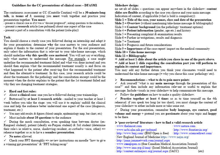 Guidelines For The CC Oral Presentation Clinical Case | PDF | Pathology ...
