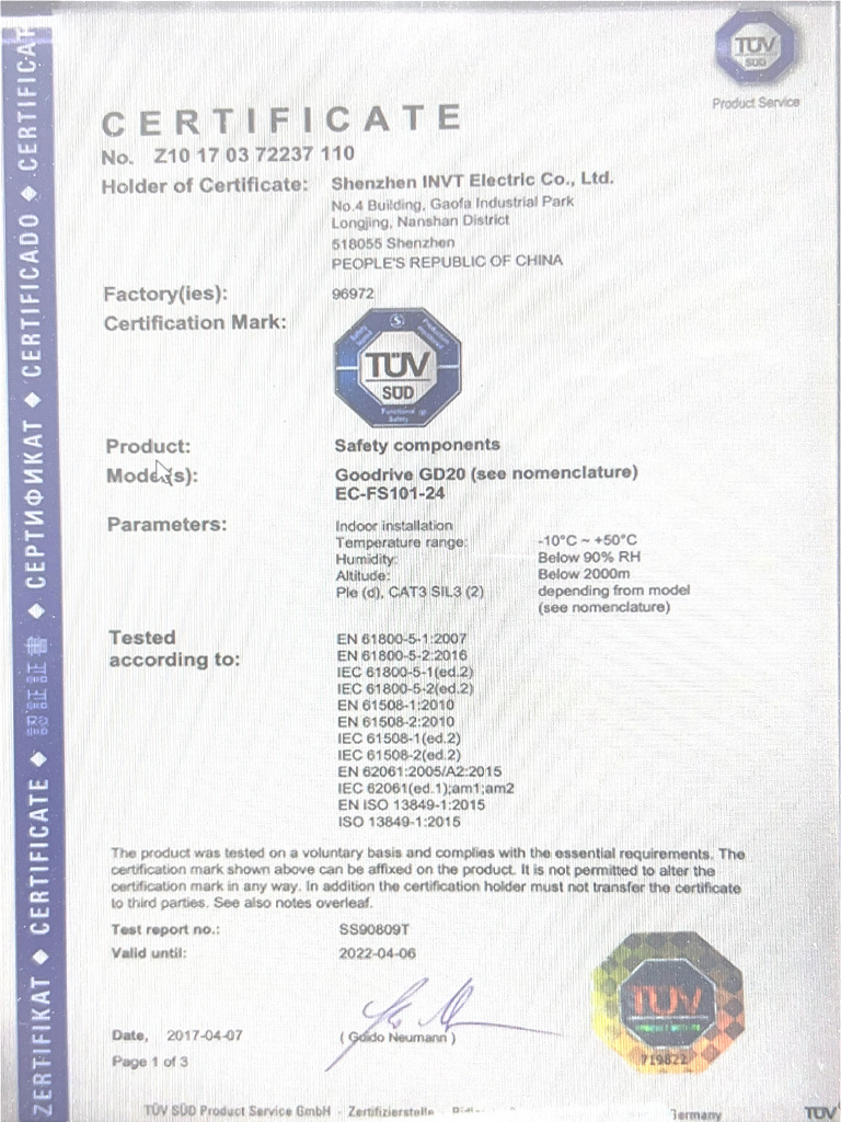 VDR Invt Electric Certifications | PDF