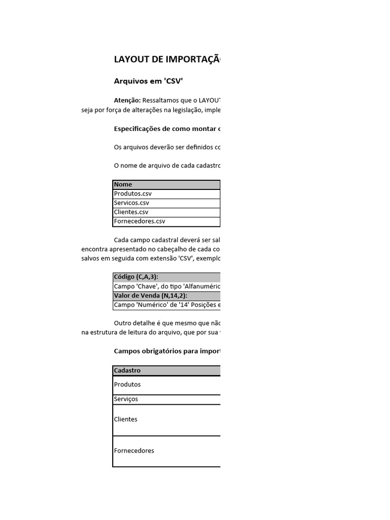 Layout de Imp Cadastro Padrão | PDF | Microsoft Excel