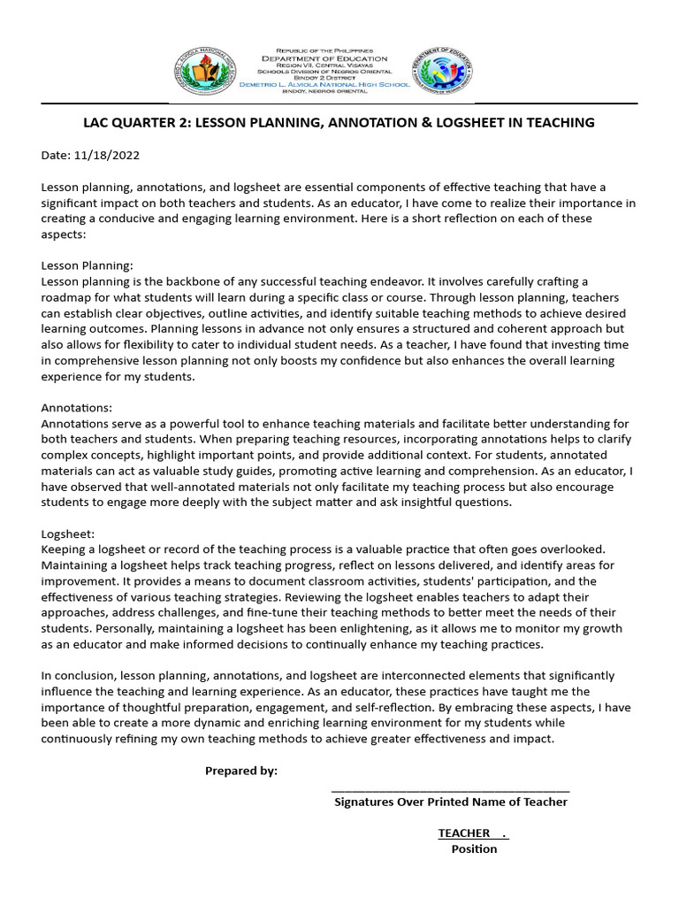 Lac Reflection | PDF | Educational Assessment | Teaching Method