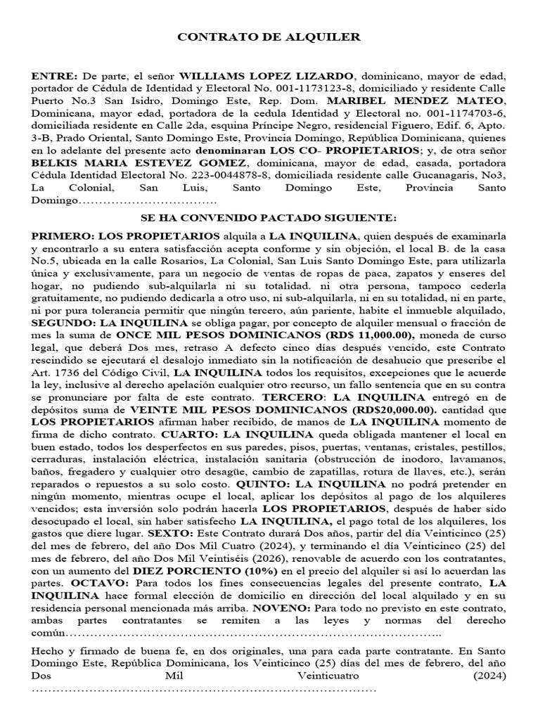 Contrato de Alquile Willyam y Belkis | PDF | República Dominicana | Ley ... Contrato de Alquile Willyam y Belkis | PDF | República Dominicana | Ley ...