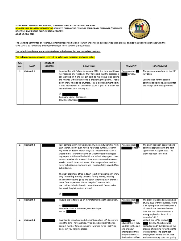 Non-TERS UIF Submissions July 2021 | PDF | Unemployment Benefits ...