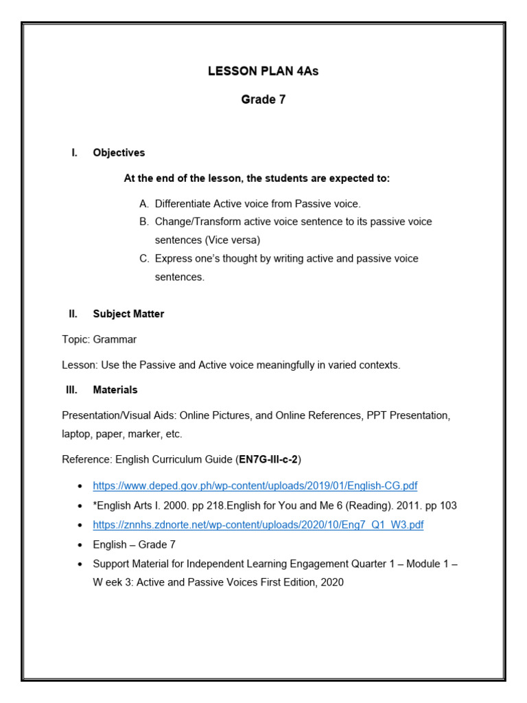 Grade 7 Active and Passive Voice Lesson Plan | PDF | Subject (Grammar ...