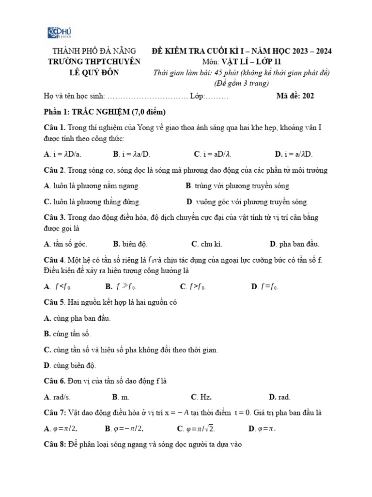 De Kiem Tra Cuoi Ki 1 Le Quy Don | PDF