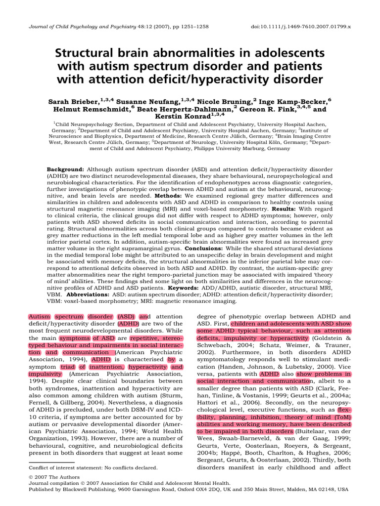 Structural Brain Abnormalities in Adolescents With Autism and Adhd | PDF