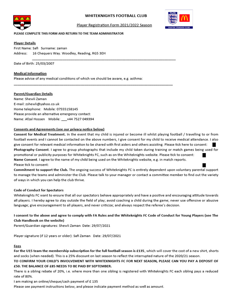 WKFC Player Registration Form 2021-2022 | PDF