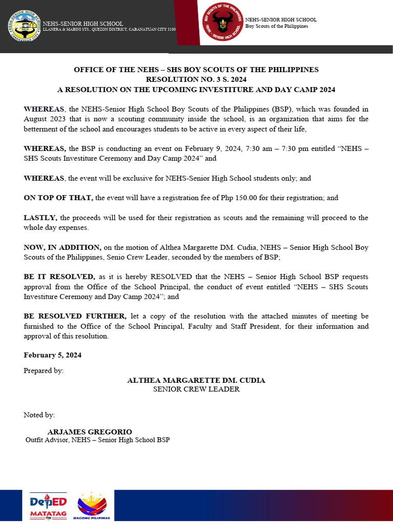 Resolution No. 3 S. 2024 - Nehs SHS - BSP | PDF | Scouting | Youth ...