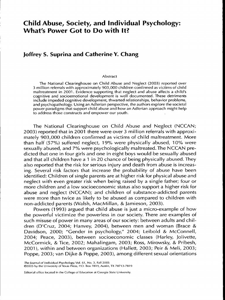 Suprina, J S, & Chang, C Y 2005 Child Abuse, Society, and Individual ...