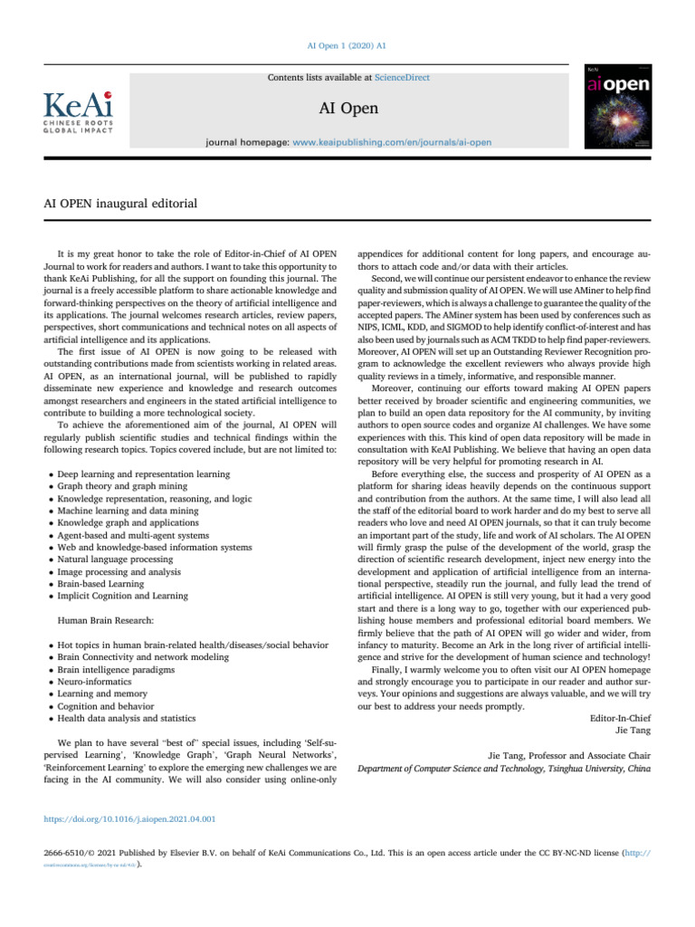 AI OPEN Inaugural Editorial - 2020 - AI Open | PDF | Artificial ...
