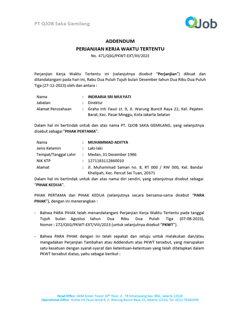 Addendum PKWT Sumatra Medan SDP Muhammad Aditya | PDF | Hukum