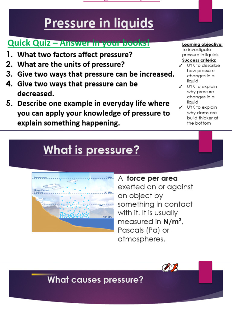 L3 Pressure in Liquids | PDF | Pressure | Classical Mechanics