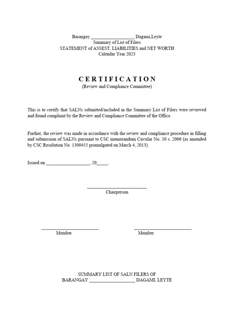 SALN Compliance Certification 2023 | PDF