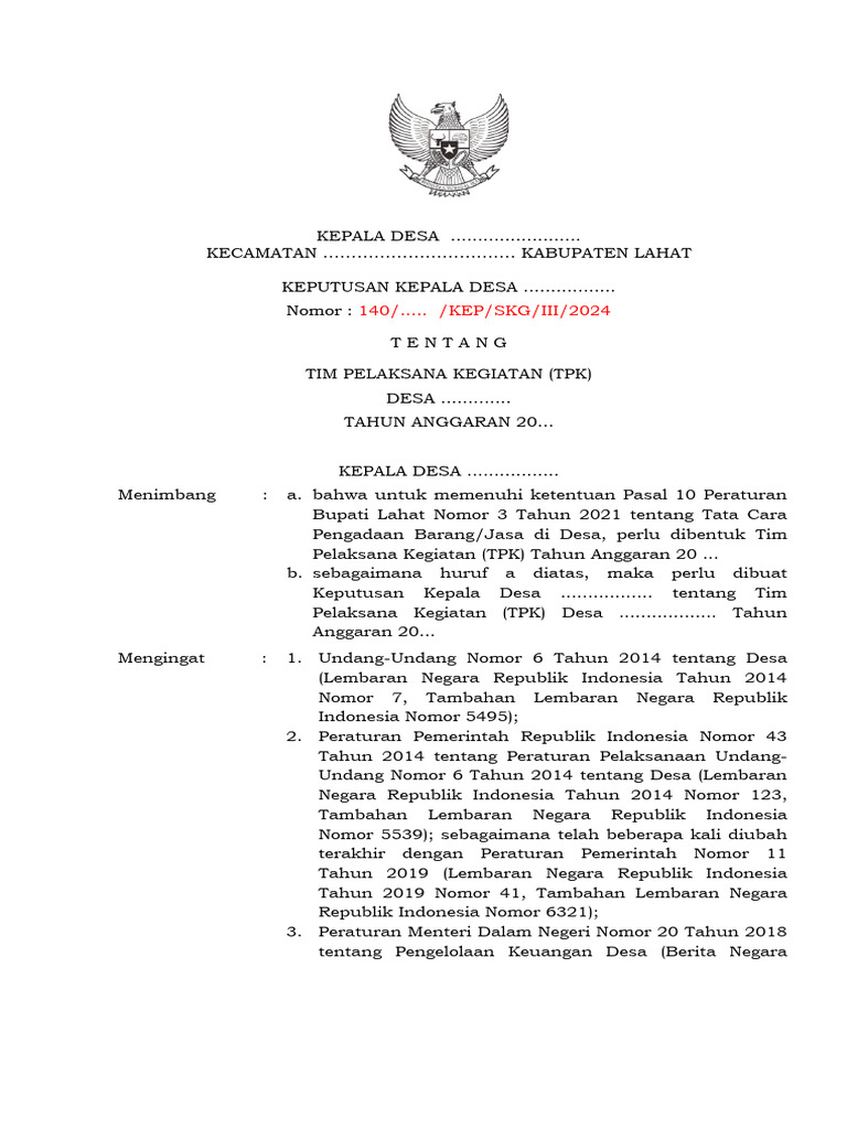 Contoh SK TPK Desa Tahun 2024 | PDF