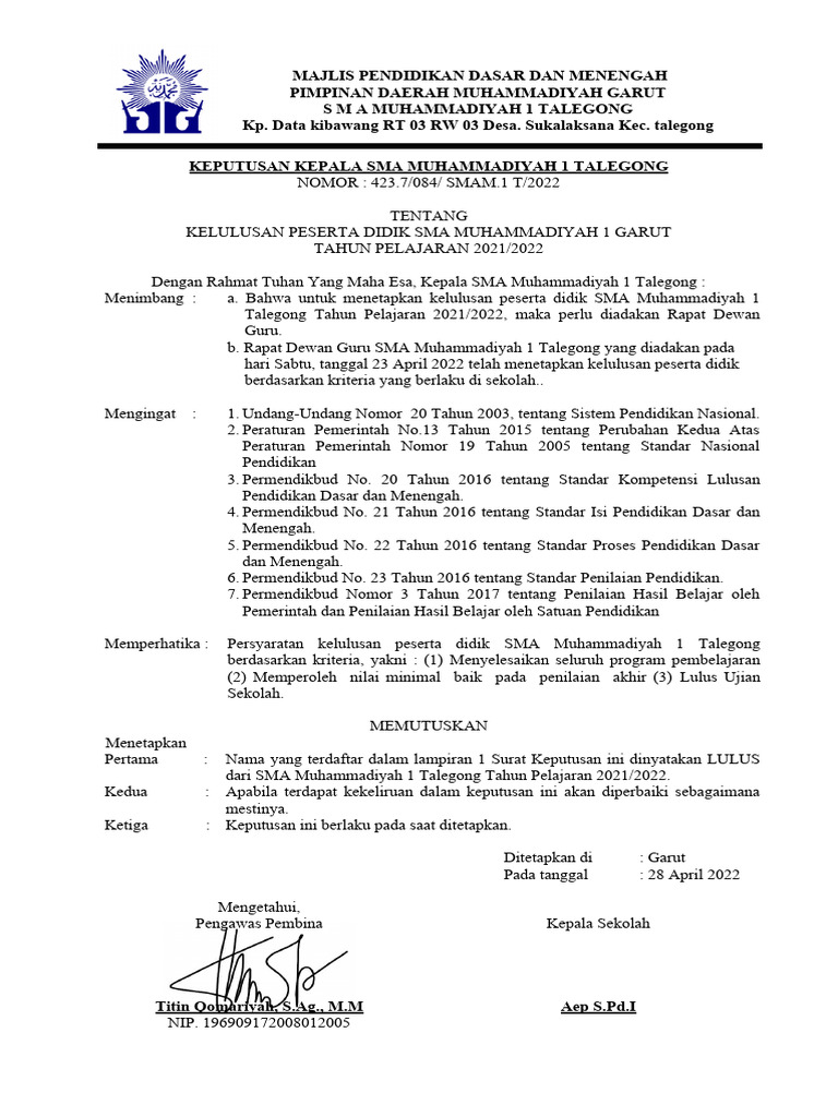 Surat Penetapan Kelulusan Siswa | PDF