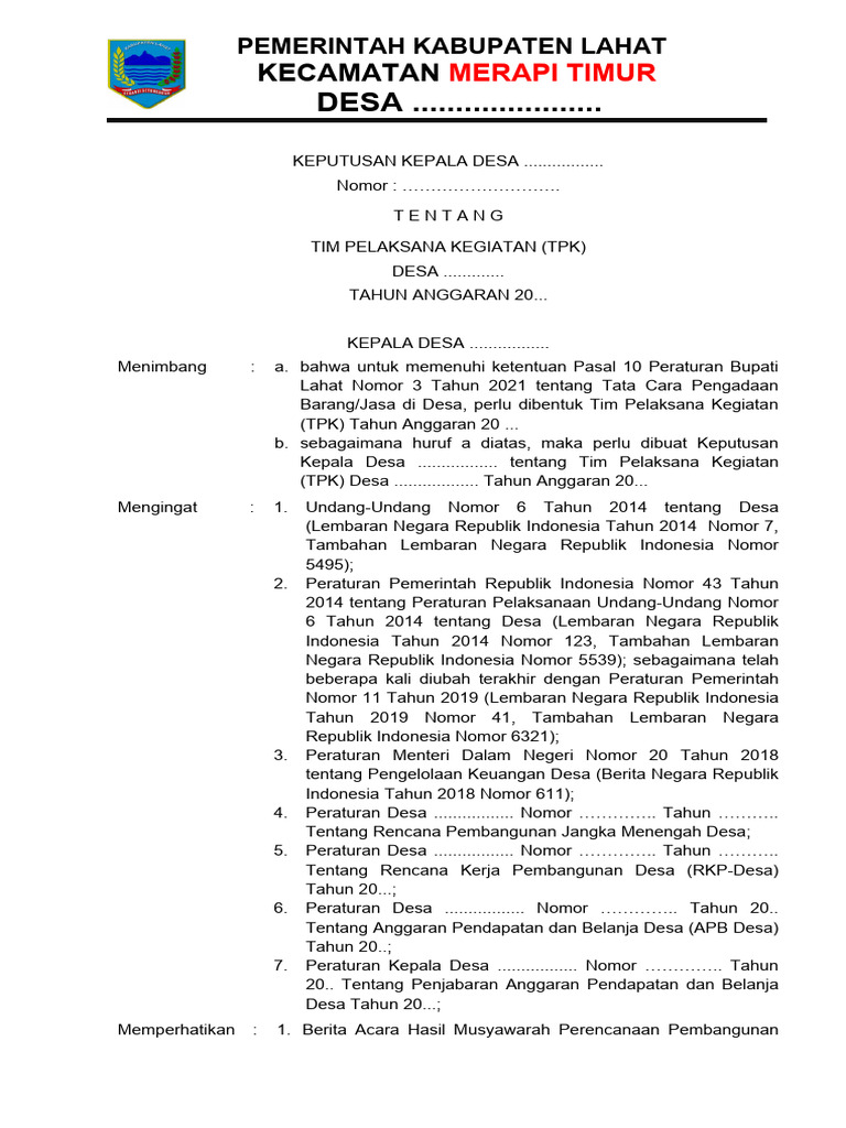 Contoh SK TPK Desa Tahun 2022 | PDF