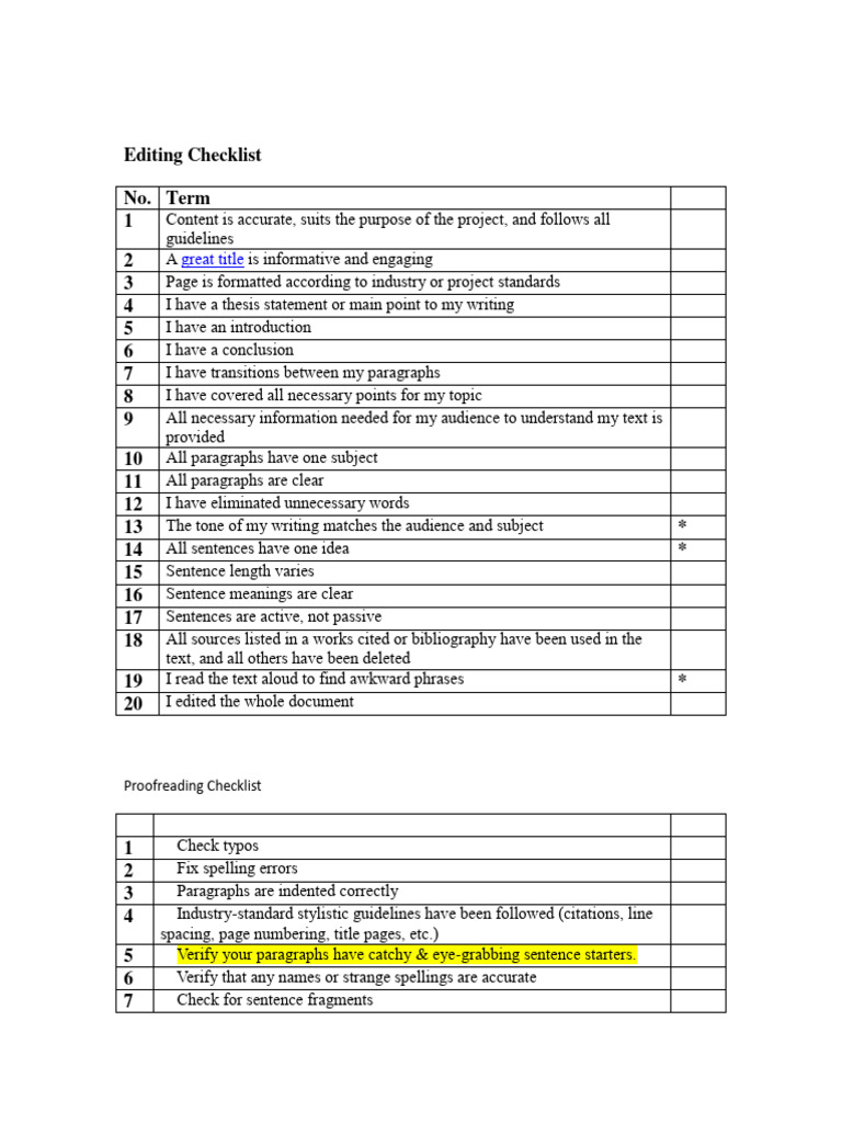 Editing and Proofreading Checklist | PDF