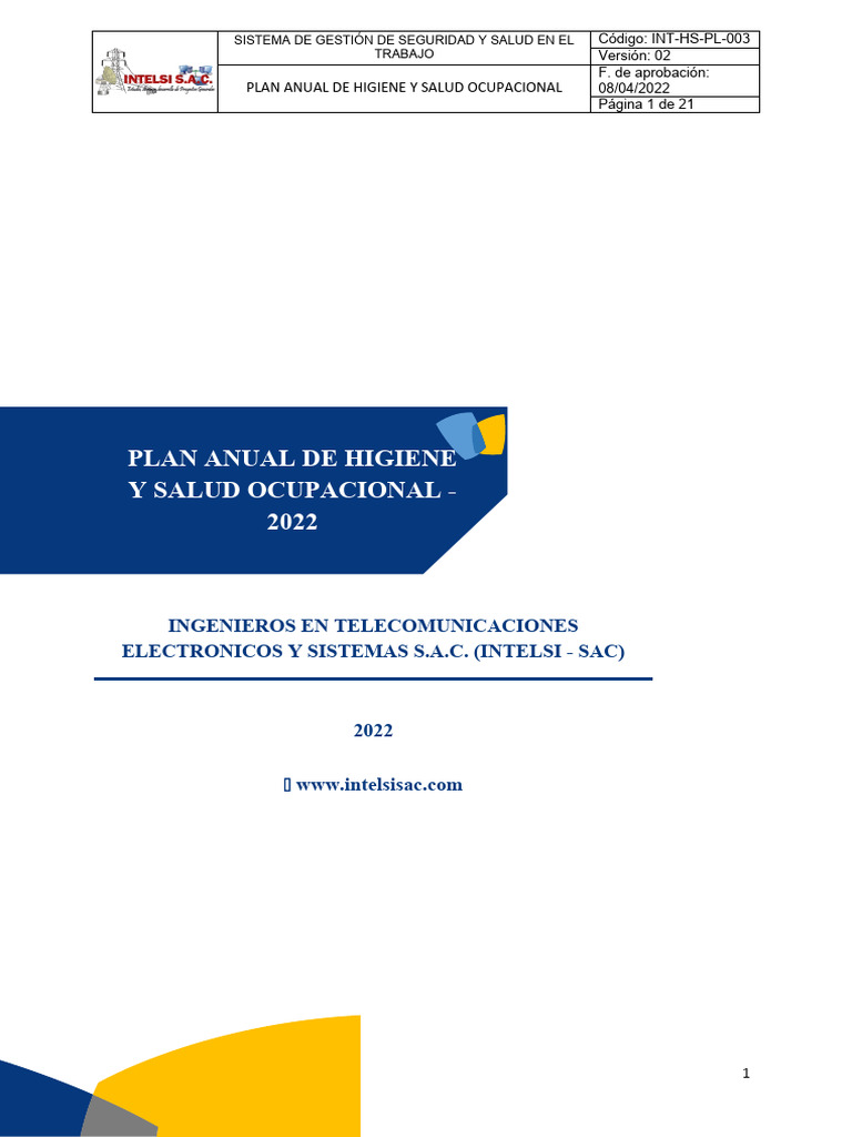 Int-Hs-Pl-003 - Plan Anual de Higiene y Salud Ocupacional - Ver - 02 | PDF | Seguridad y salud ...