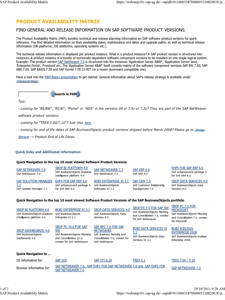 SAP Support Portal - Product Availability Matrix | Download Free PDF ...