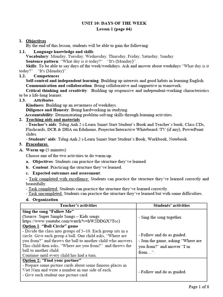 Unit 10: Learning Days of the Week | PDF | Teachers | Learning