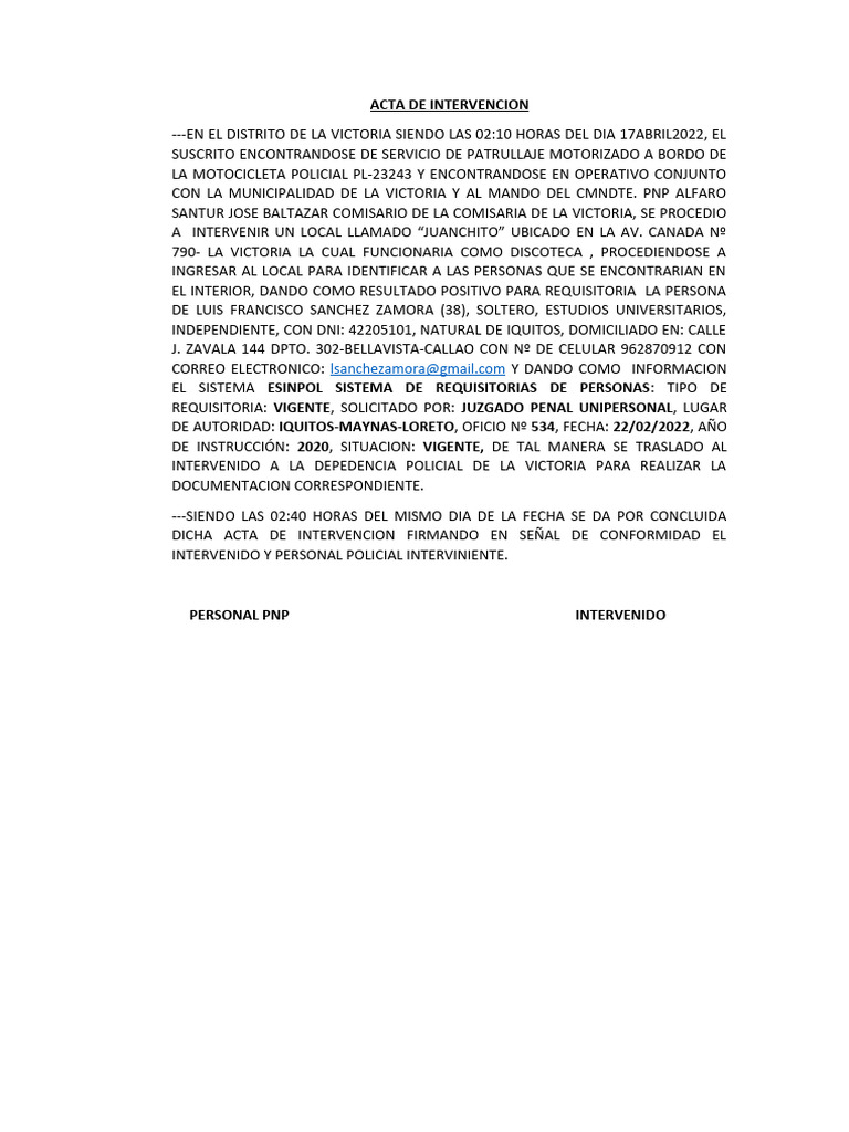 Acta de Intervencion RQ | PDF