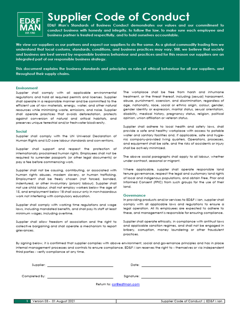 Supplier Code of Conduct - 2021 | PDF | Labour Law | Supply Chain