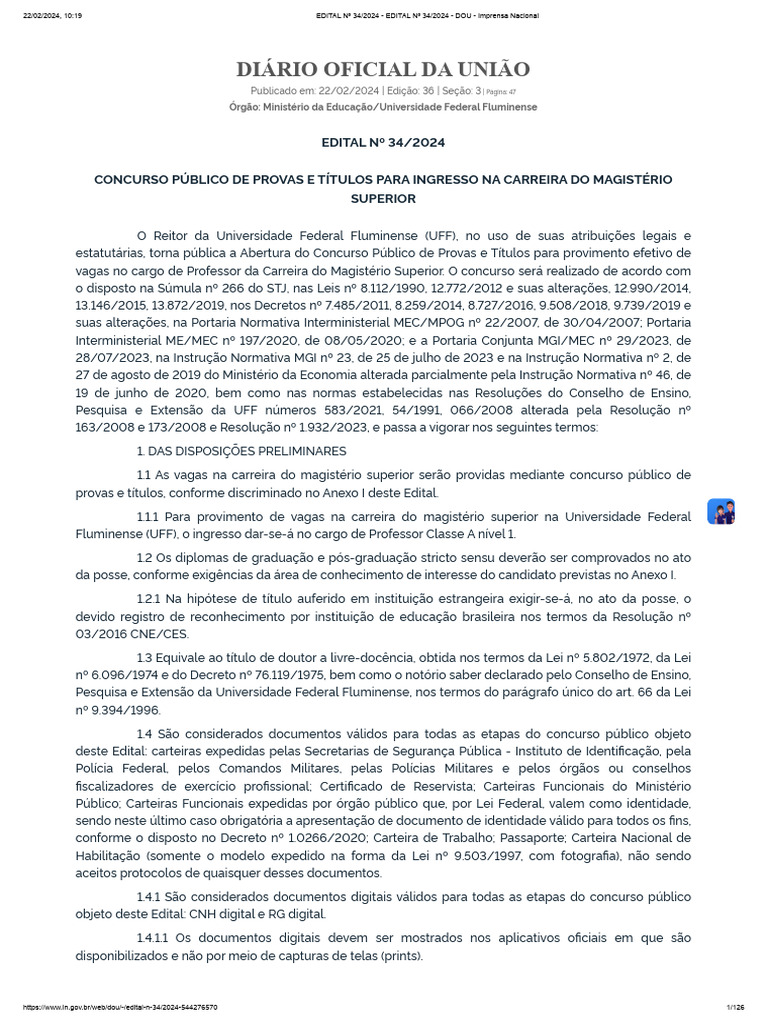 Concurso Professor UFF 2024: Edital 34/2024 | PDF | Direito