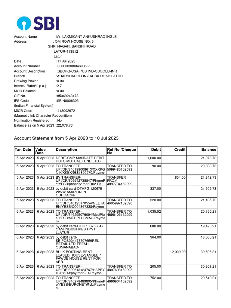 Account Statement From 5 Apr 2023 To 10 Jul 2023: TXN Date Value Date Description Ref No./Cheque ...