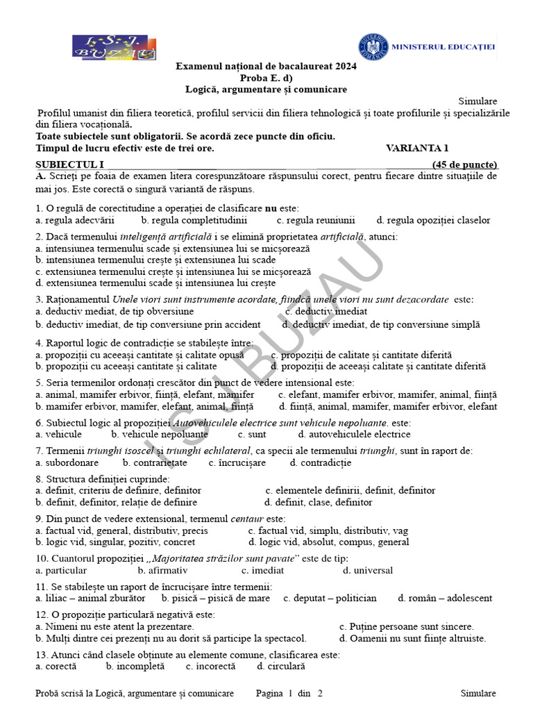 Subiect Varianta-1 - Logica | PDF