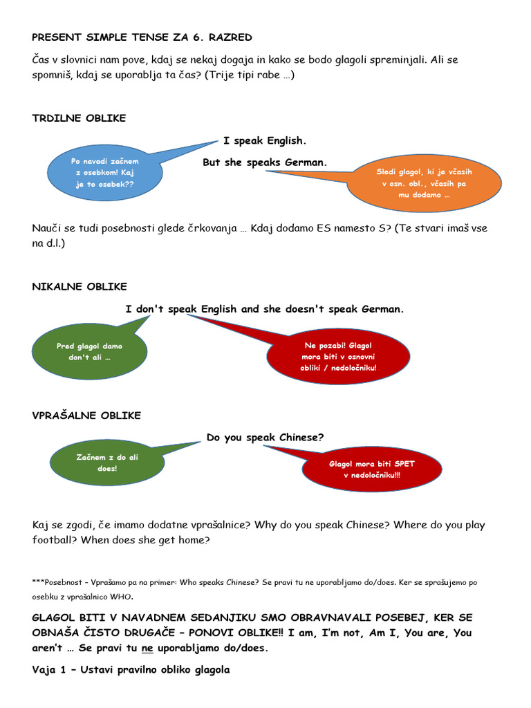 PRESENT SIMPLE TENSE ZA 6. RAZRED Basic Razlaga Plus Vaje | PDF