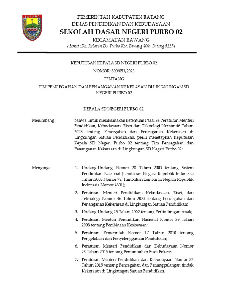 SK Tim Pencegahan Dan Penanganan Kekerasan (TPPK) SDN PURBO 02 | PDF
