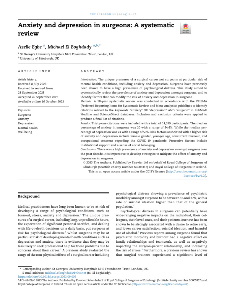 Anxietyanddepressioninsurgeons, Asystematic Review. The SURGEON. FEB ...