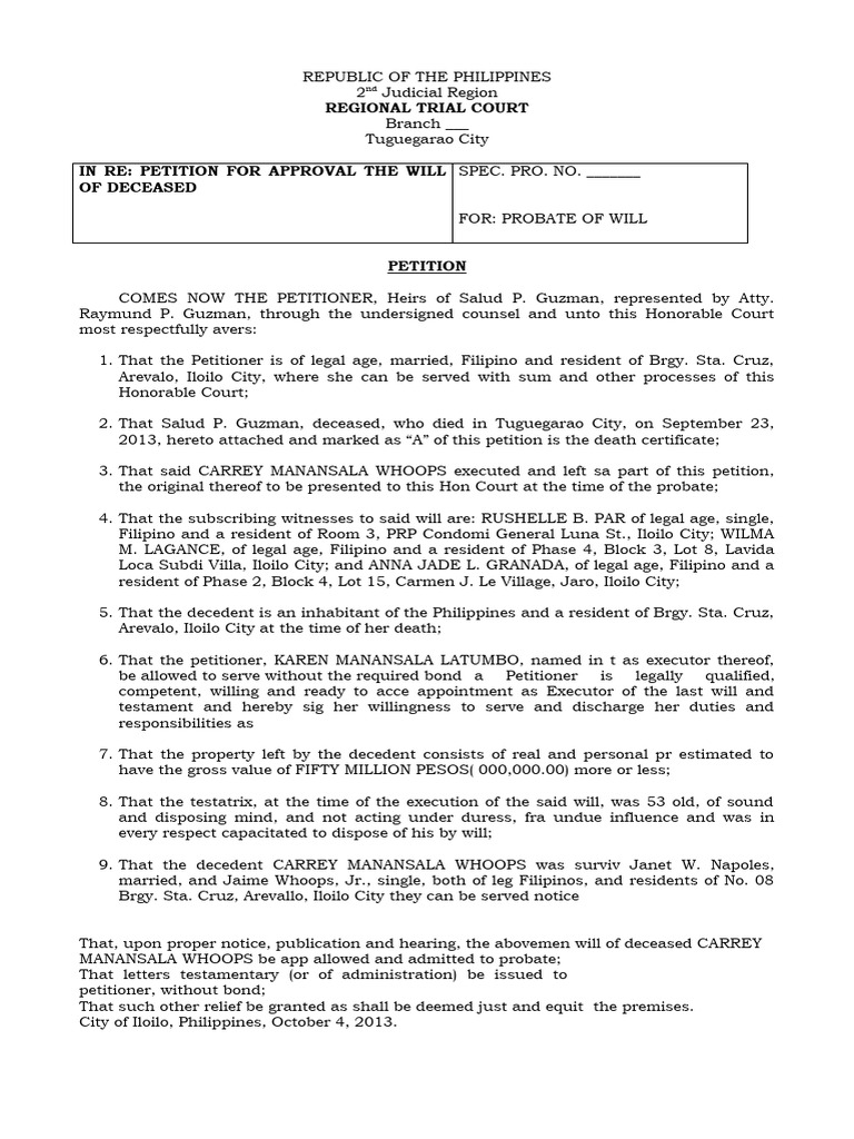 PDF Sample Petition For Probate of Will Compress | PDF | Probate ...