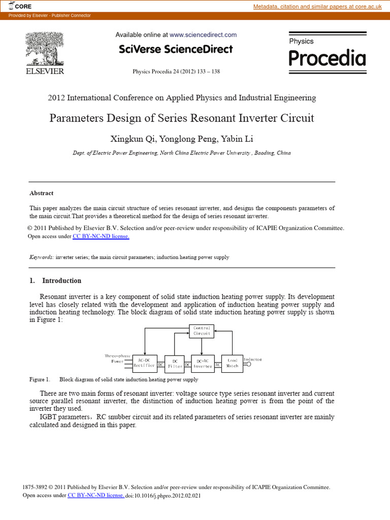 Parameters Design of Series Resonant Inverter Circuit | PDF