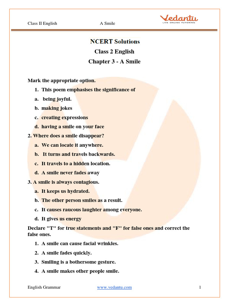 NCERT Solutions For Class 2 English Chapter 3 - A Smile - . | PDF