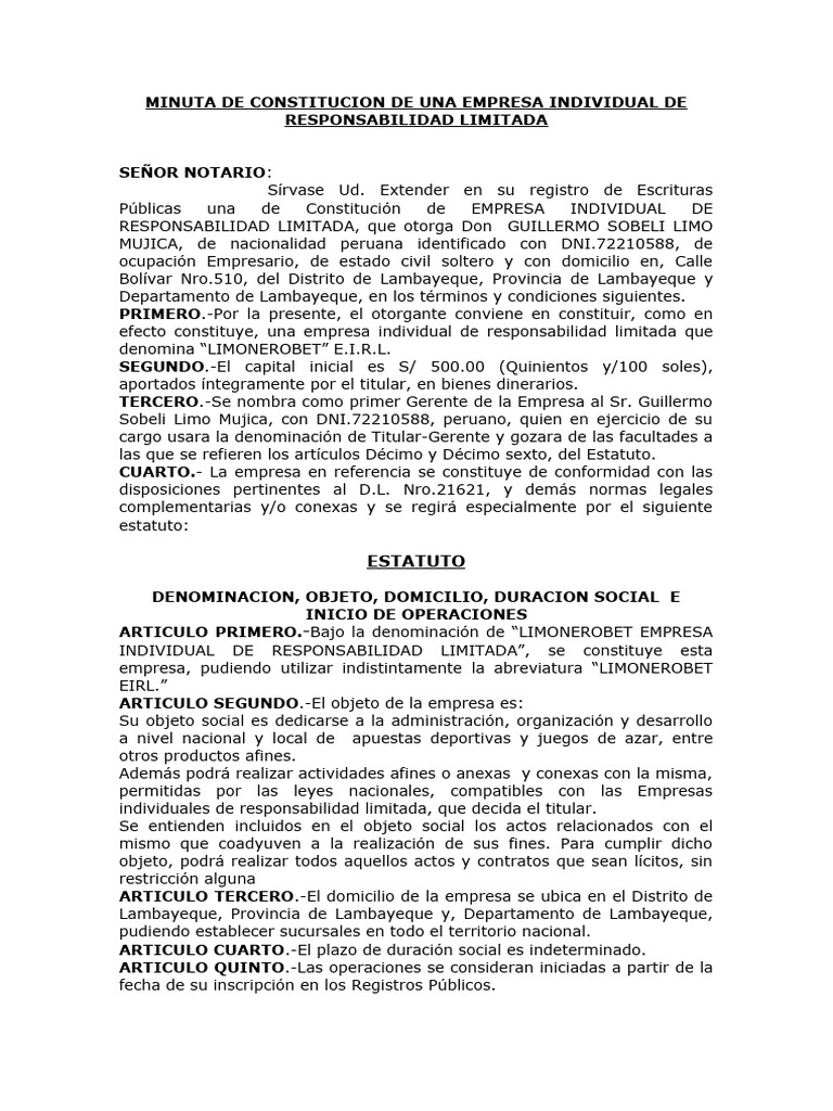 Minuta de Constitucion Eirl-Limonerobet | PDF | Business | Cheque