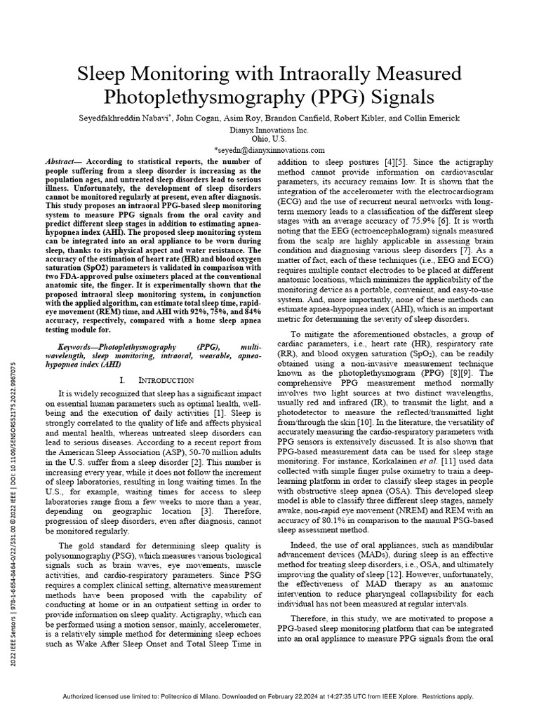 Sleep Monitoring With Intraorally Measured Photoplethysmography PPG ...