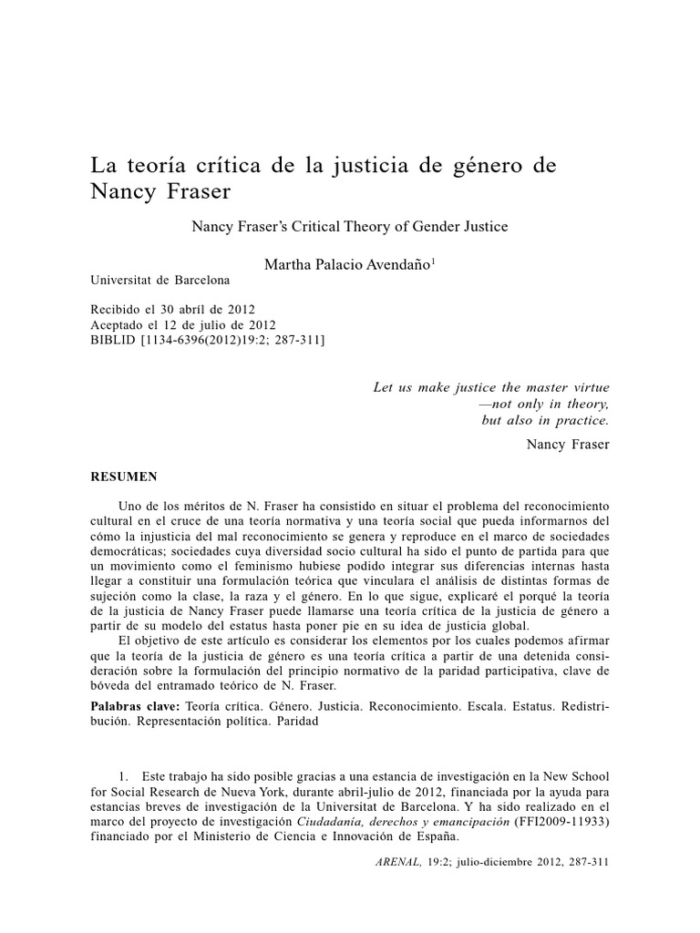 La Teoría Crítica de La Justicia de Género de Nancy Fraser | PDF | Democracia | Ideologías políticas