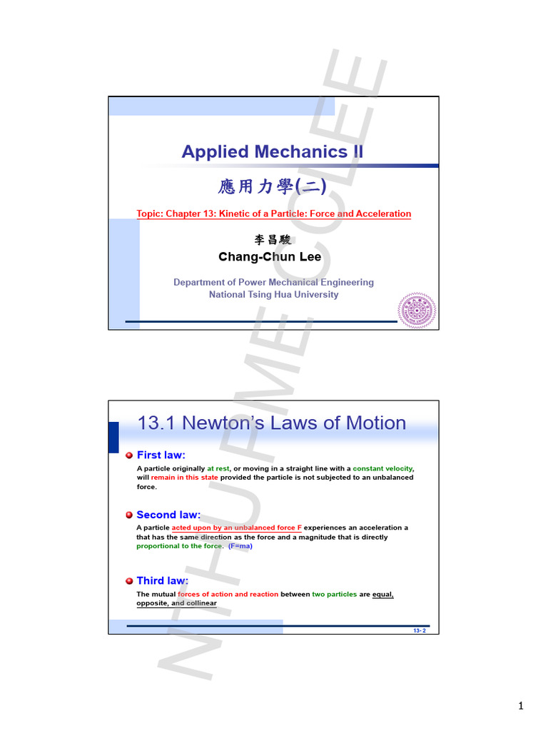 學生版 Applied Mechanics II - Ch13 Force and Acceleration (Particle) | PDF | Force | Acceleration