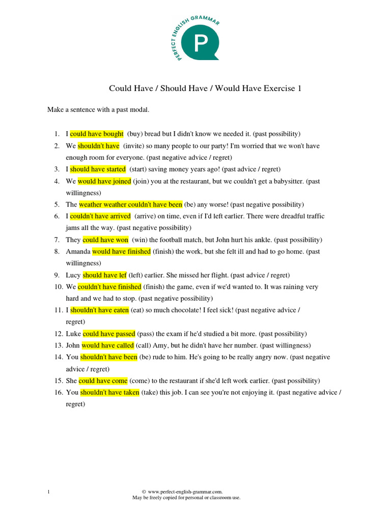 1could Have Should Have Would Have Exercise 1 | PDF