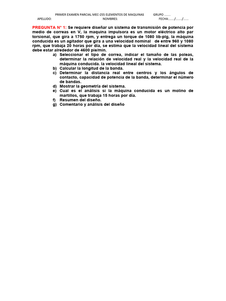 Primer Examen Parcial MEC 255 I-Y 2-2023 | PDF | Tornillo | Engranaje