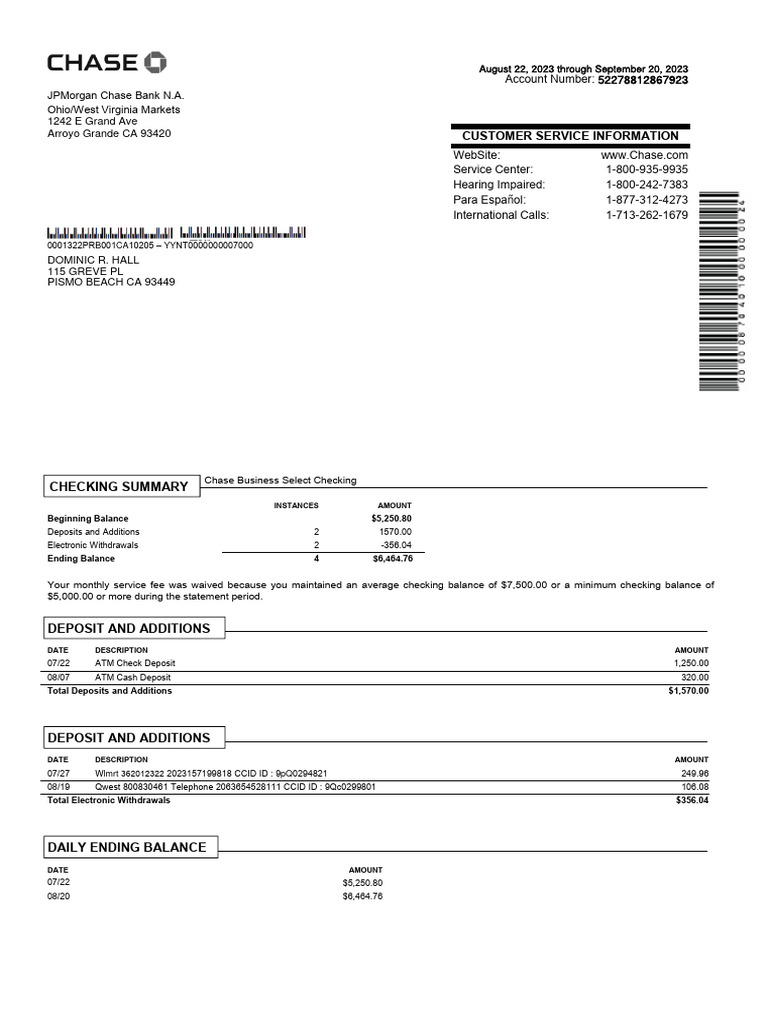 Dominic Hall - JPMorgan Chase Business Checking | PDF | Chase Bank ...