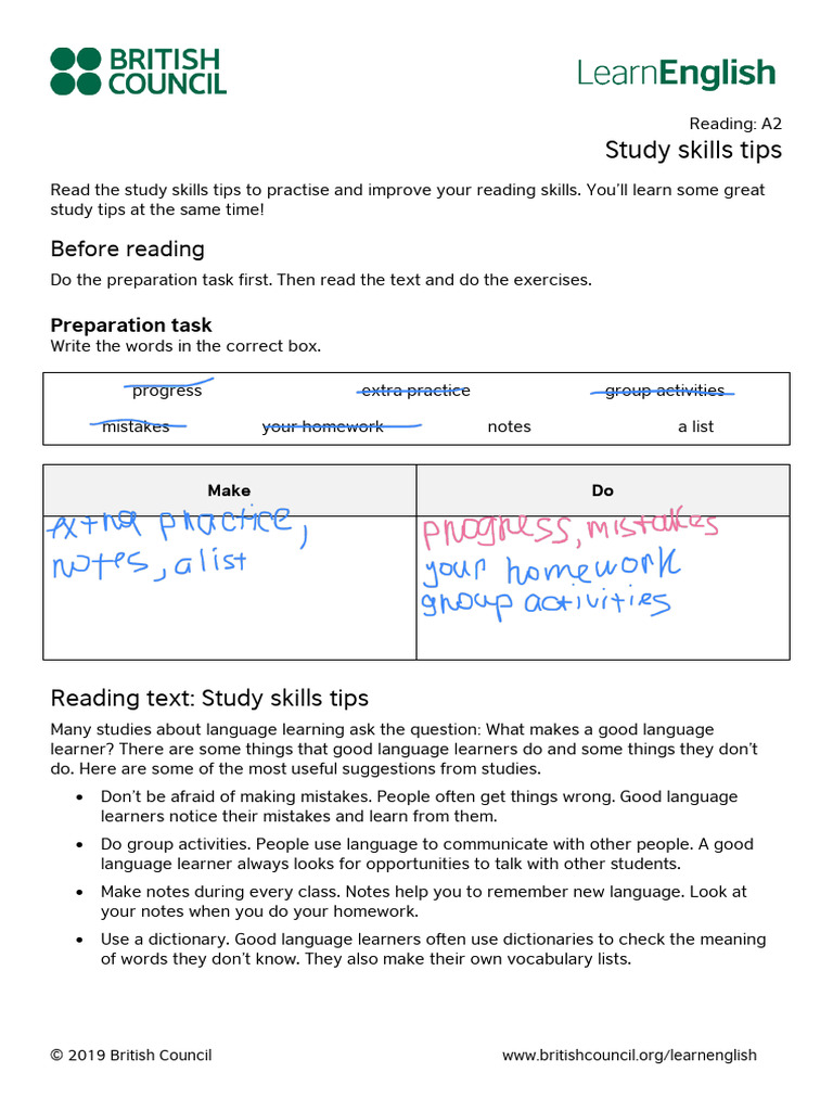 LearnEnglish Reading A2 Study Skills Tips | Download Free PDF | Study ...