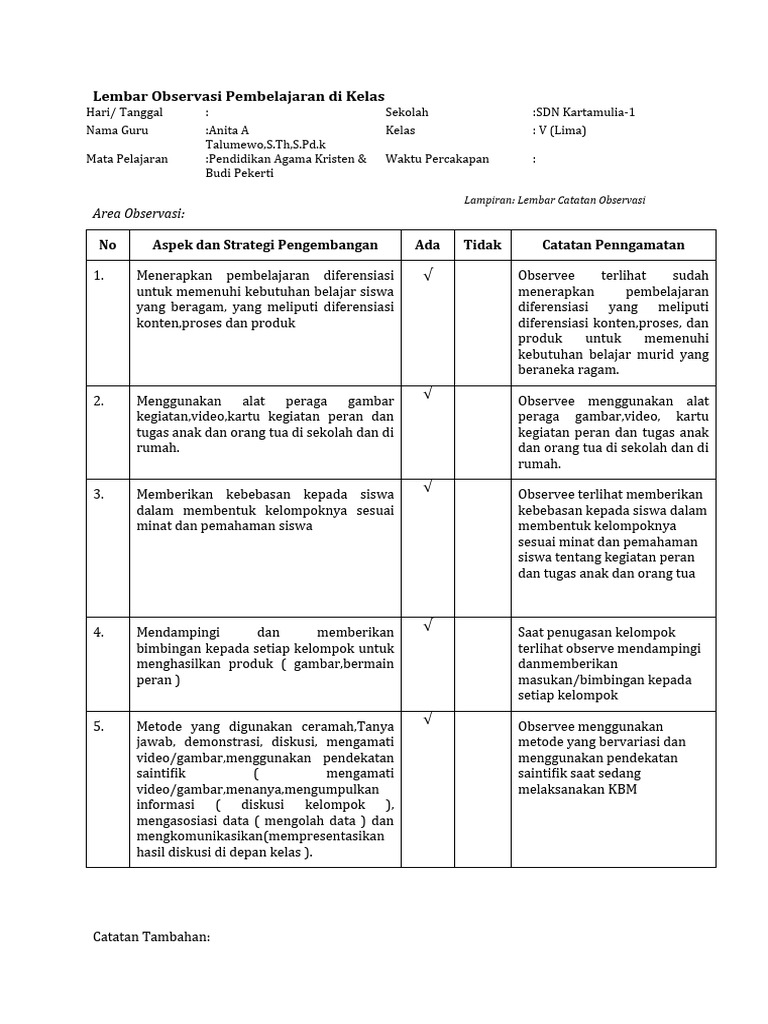 2 - Lembar Observasi Pembelajaran Di Kelas | PDF | Karier & Perkembangan