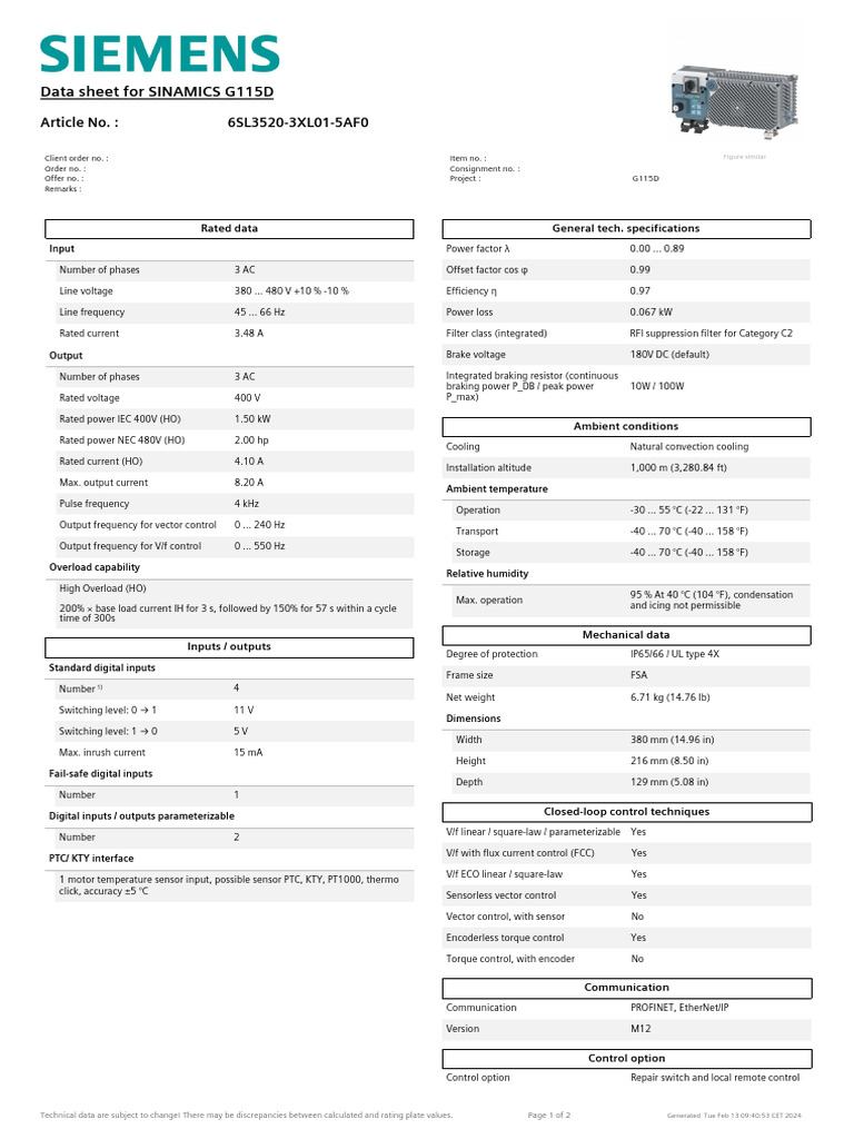 SINAMICS G115D Technical Specs | PDF