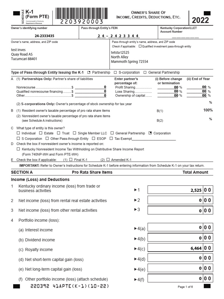 Kentucky K-1 Instructions 2024 | PDF