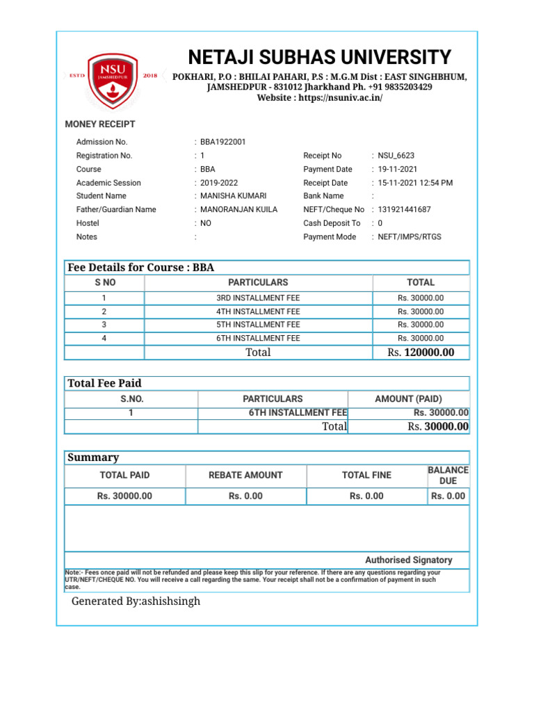 NETAJI SUBHAS UNIVERSITY - Fee Payment | PDF