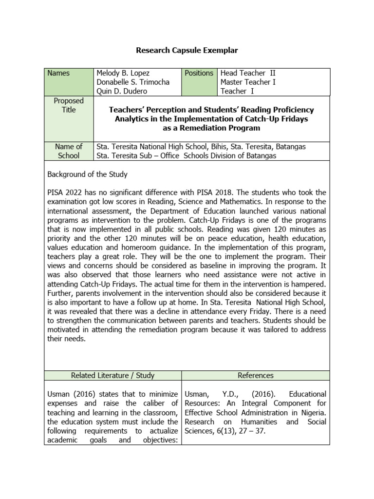 Catch Up Friday Research Capsule Exemplar | PDF | Literacy | Survey Methodology